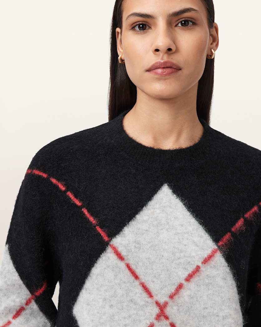 Lou Argyle Wool Sweater Black | ALLSAINTS US